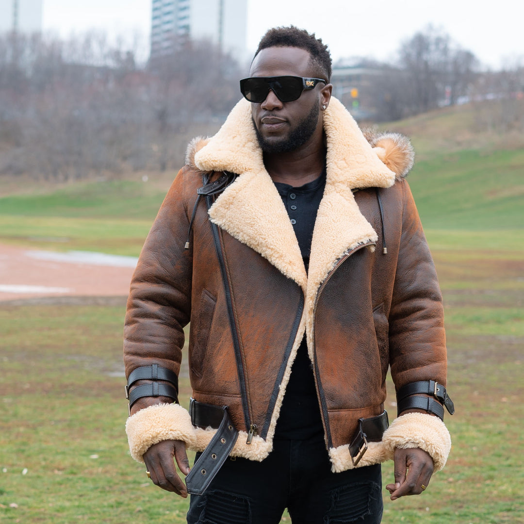 Rocco Vintage Distressed Brown Aviator bomber shearling jacket Lusso Leather